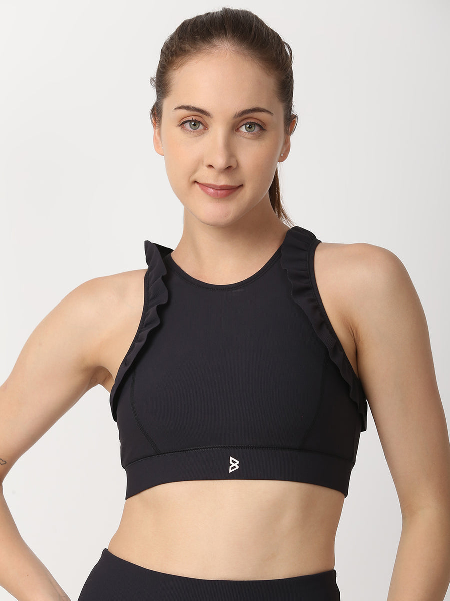 Black Ribbed Frill Sports Bra | BODD ACTIVE